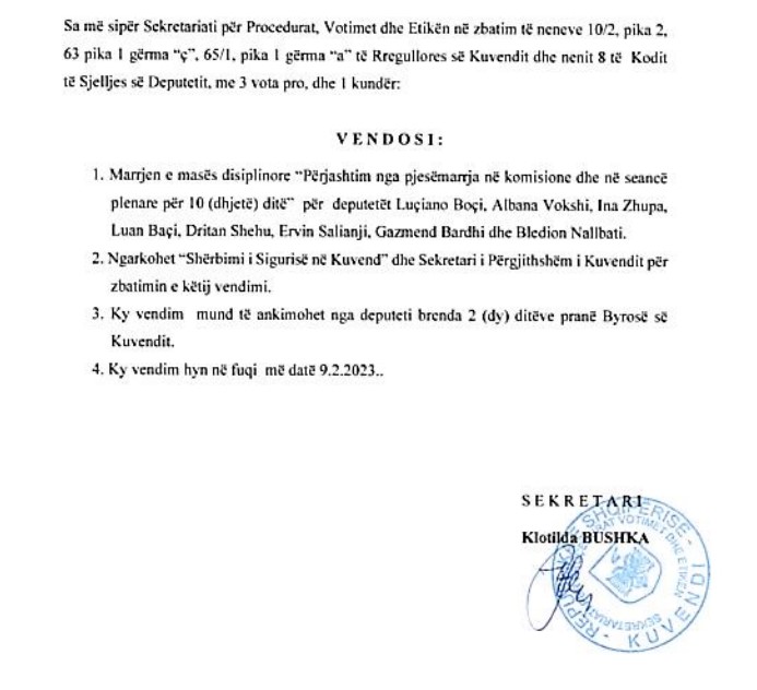 EMRAT/ U përjashtuan për 10 ditë nga seancat plenare dhe komisionet ...