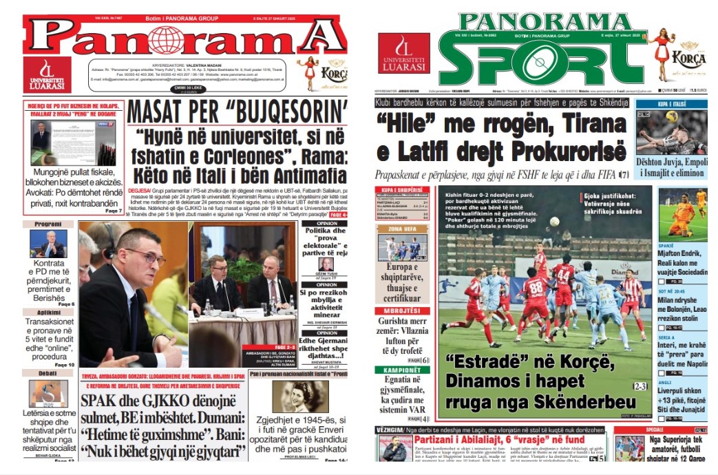 Lexoni faqen e parë të gazetës “Panorama” dhe “Panorama Sport”