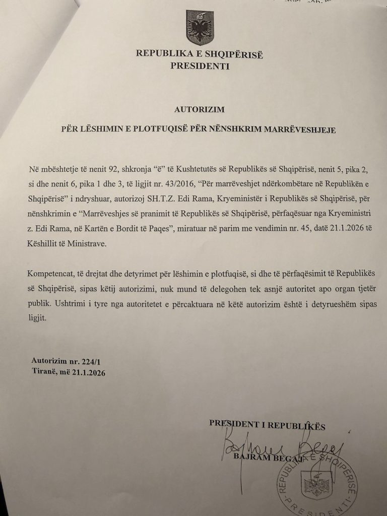 “Bordi i Paqes”, Presidenti Begaj autorizon kryeministrin Rama për ...